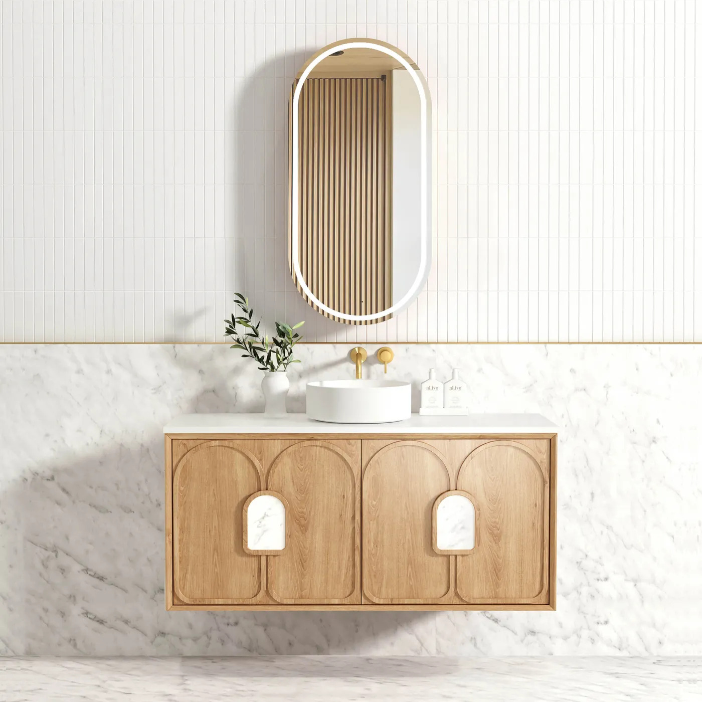 Otti Laguna 1200mm Natural Oak Wall Vanity With Natural Carrara Marble Top